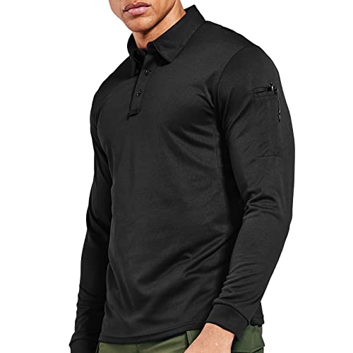 MIER Men's Outdoor Performance Tactical Polo Shirts Long and Short Sleeve, Moisture-Wicking, Black, Medium