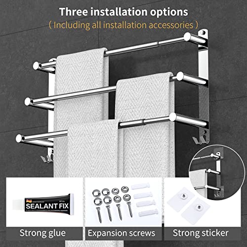 Stretchable 16-30 Inches Towel Bar for Bathroom Kitchen Hand Towel Holder Dish Cloths Hanger SUS304 Stainless Steel RUSTPROOF Wall Mount No Drill Sdjustable (Three BAR)