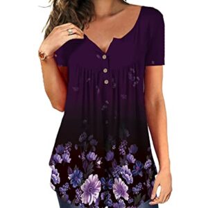 MAYAMANG Women's Floral Tunic Tops Casual Blouse V Neck Short Sleeve Buttons Up T-Shirts (Purple, L)