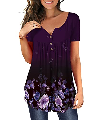 MAYAMANG Women's Floral Tunic Tops Casual Blouse V Neck Short Sleeve Buttons Up T-Shirts (Purple, L)