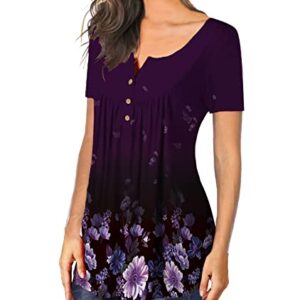 MAYAMANG Women's Floral Tunic Tops Casual Blouse V Neck Short Sleeve Buttons Up T-Shirts (Purple, L)