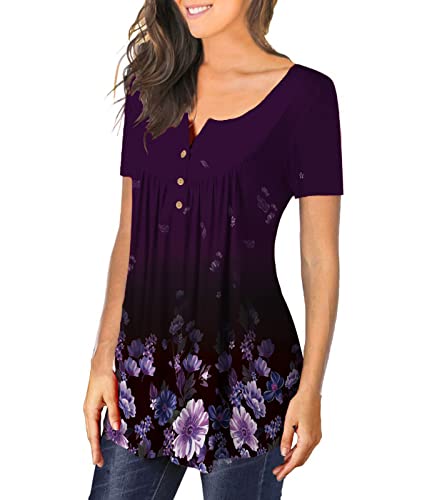 MAYAMANG Women's Floral Tunic Tops Casual Blouse V Neck Short Sleeve Buttons Up T-Shirts (Purple, L)