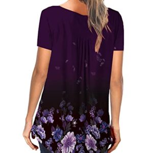 MAYAMANG Women's Floral Tunic Tops Casual Blouse V Neck Short Sleeve Buttons Up T-Shirts (Purple, L)