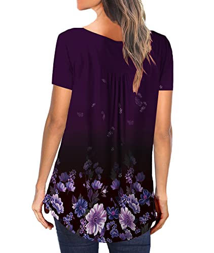 MAYAMANG Women's Floral Tunic Tops Casual Blouse V Neck Short Sleeve Buttons Up T-Shirts (Purple, L)