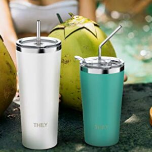 THILY Vacuum Insulated Tumbler Stainless Steel 26 oz Coffee Cup with 2 Lids and Straws, Powder Coated Travel Mug, Keeps Ice Drinks Cold, White