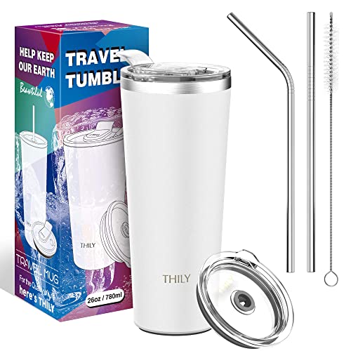 THILY Vacuum Insulated Tumbler Stainless Steel 26 oz Coffee Cup with 2 Lids and Straws, Powder Coated Travel Mug, Keeps Ice Drinks Cold, White