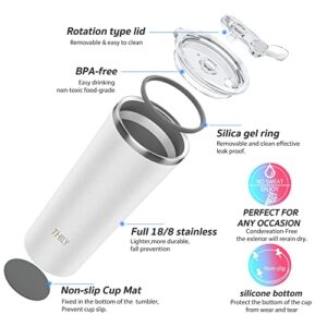 THILY Vacuum Insulated Tumbler Stainless Steel 26 oz Coffee Cup with 2 Lids and Straws, Powder Coated Travel Mug, Keeps Ice Drinks Cold, White