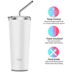 THILY Vacuum Insulated Tumbler Stainless Steel 26 oz Coffee Cup with 2 Lids and Straws, Powder Coated Travel Mug, Keeps Ice Drinks Cold, White