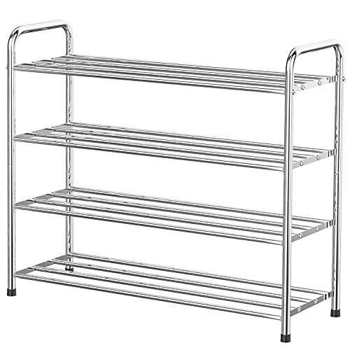 FANHAO 4-Tier Shoe Rack, 100% Stainless Steel Shoe Storage Organizer, Stackable 12-Pair Storage Shelf for Bedroom, Closet, Entryway, Dorm Room, 26.8" W x 10.24" D x25.6 H (Silver)