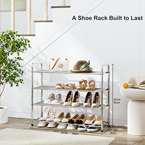 FANHAO 4-Tier Shoe Rack, 100% Stainless Steel Shoe Storage Organizer, Stackable 12-Pair Storage Shelf for Bedroom, Closet, Entryway, Dorm Room, 26.8" W x 10.24" D x25.6 H (Silver)