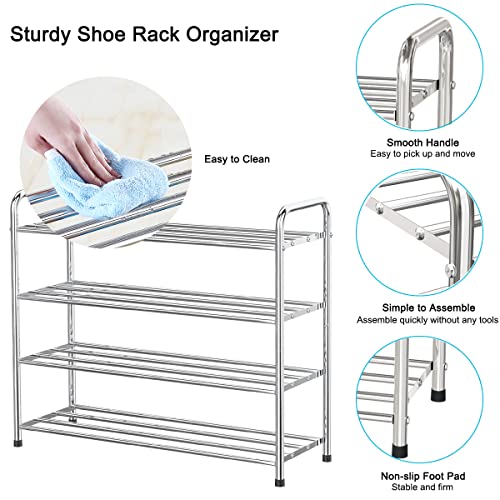 FANHAO 4-Tier Shoe Rack, 100% Stainless Steel Shoe Storage Organizer, Stackable 12-Pair Storage Shelf for Bedroom, Closet, Entryway, Dorm Room, 26.8" W x 10.24" D x25.6 H (Silver)