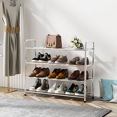 FANHAO 4-Tier Shoe Rack, 100% Stainless Steel Shoe Storage Organizer, Stackable 12-Pair Storage Shelf for Bedroom, Closet, Entryway, Dorm Room, 26.8" W x 10.24" D x25.6 H (Silver)