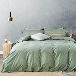 jellymoni green 100% washed cotton duvet cover set, 3 pieces luxury soft bedding set with buttons closure. solid color pattern duvet cover full size(no comforter)