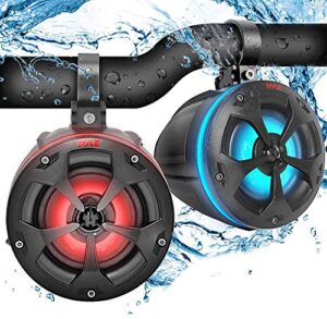 pyle 2-way waterproof off road bluetooth speakers -4" 800w active passive marine grade wakeboard tower speakers w/rgb light, full range outdoor audio stereo speaker for atv/utv, jeep, boat, plutv45btr