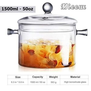 Glass Cooking Pot - 1.5L/50oz Heat-Resistant Borosilicate Glass Handmade Cookware Set stovetop Pot - Safe for Pasta Noodle, Soup, Milk, Tea (1.5L/50OZ)