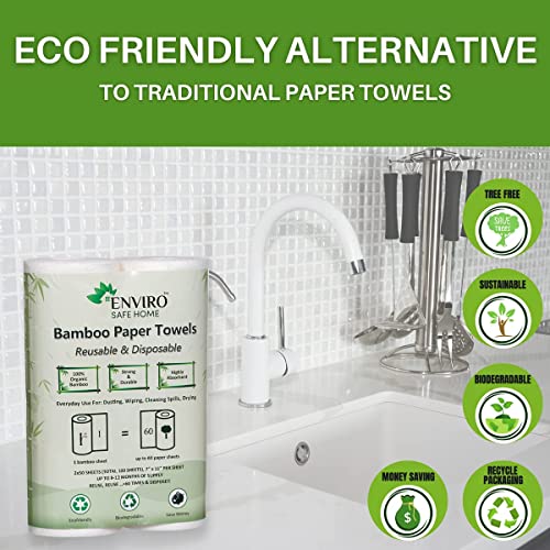 Enviro Safe Home Reusable Bamboo Paper Towels Washable Paper Towels 2 Rolls 100 Sheets - Compostable, Eco Friendly, Disposable, Tree Free Kitchen Paper Towel