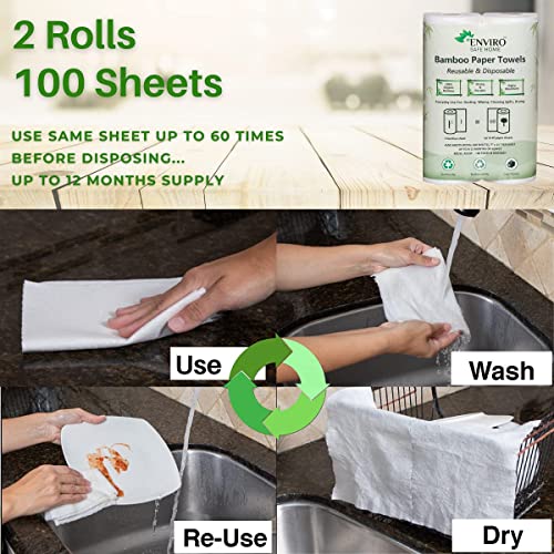 Enviro Safe Home Reusable Bamboo Paper Towels Washable Paper Towels 2 Rolls 100 Sheets - Compostable, Eco Friendly, Disposable, Tree Free Kitchen Paper Towel