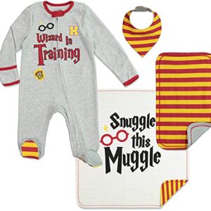 Harry Potter Newborn Baby Boy or Girl Zip Up Sleep N' Play Coverall Bib Blanket and Burp Cloth 4 Piece Outfit Set 6-9 Months