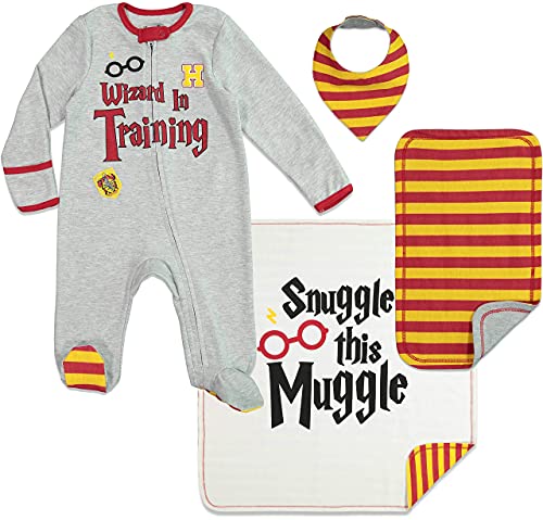 Harry Potter Newborn Baby Boy or Girl Zip Up Sleep N' Play Coverall Bib Blanket and Burp Cloth 4 Piece Outfit Set 6-9 Months