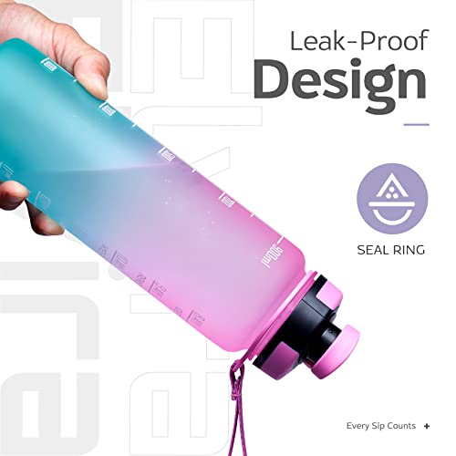 Elvira 32oz Large Water Bottle with Motivational Time Marker & Removable Strainer,Fast Flow BPA Free Non-Toxic for Fitness, Gym and Outdoor Sports-Light Pink/Green Gradient