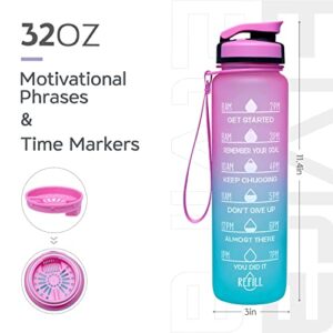 Elvira 32oz Large Water Bottle with Motivational Time Marker & Removable Strainer,Fast Flow BPA Free Non-Toxic for Fitness, Gym and Outdoor Sports-Light Pink/Green Gradient