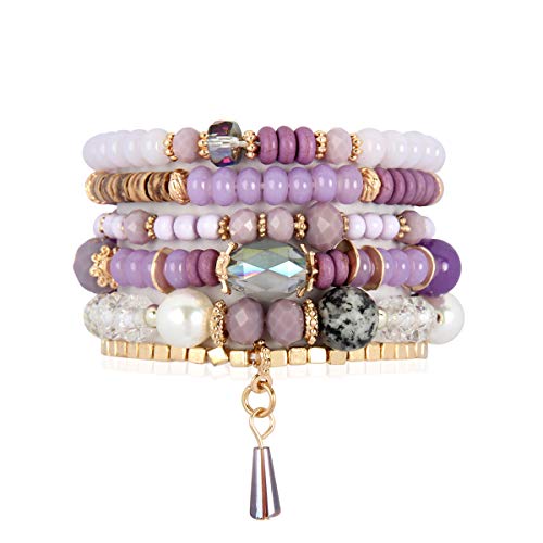 RIAH FASHION Bead Multi Layer Versatile Statement Bracelets - Stackable Beaded Strand Stretch Bangles Sparkly Crystal Mix, Tassel Charm (Light Purple)