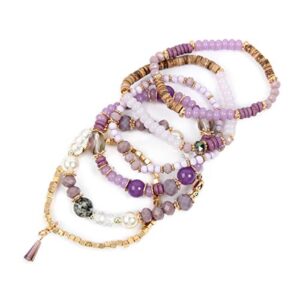 RIAH FASHION Bead Multi Layer Versatile Statement Bracelets - Stackable Beaded Strand Stretch Bangles Sparkly Crystal Mix, Tassel Charm (Light Purple)