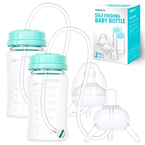 Skywin Self Feeding Baby Bottle with Straw 8oz Bottle Holder for Baby, Anti Colic, for Convenient Feeding (Green)