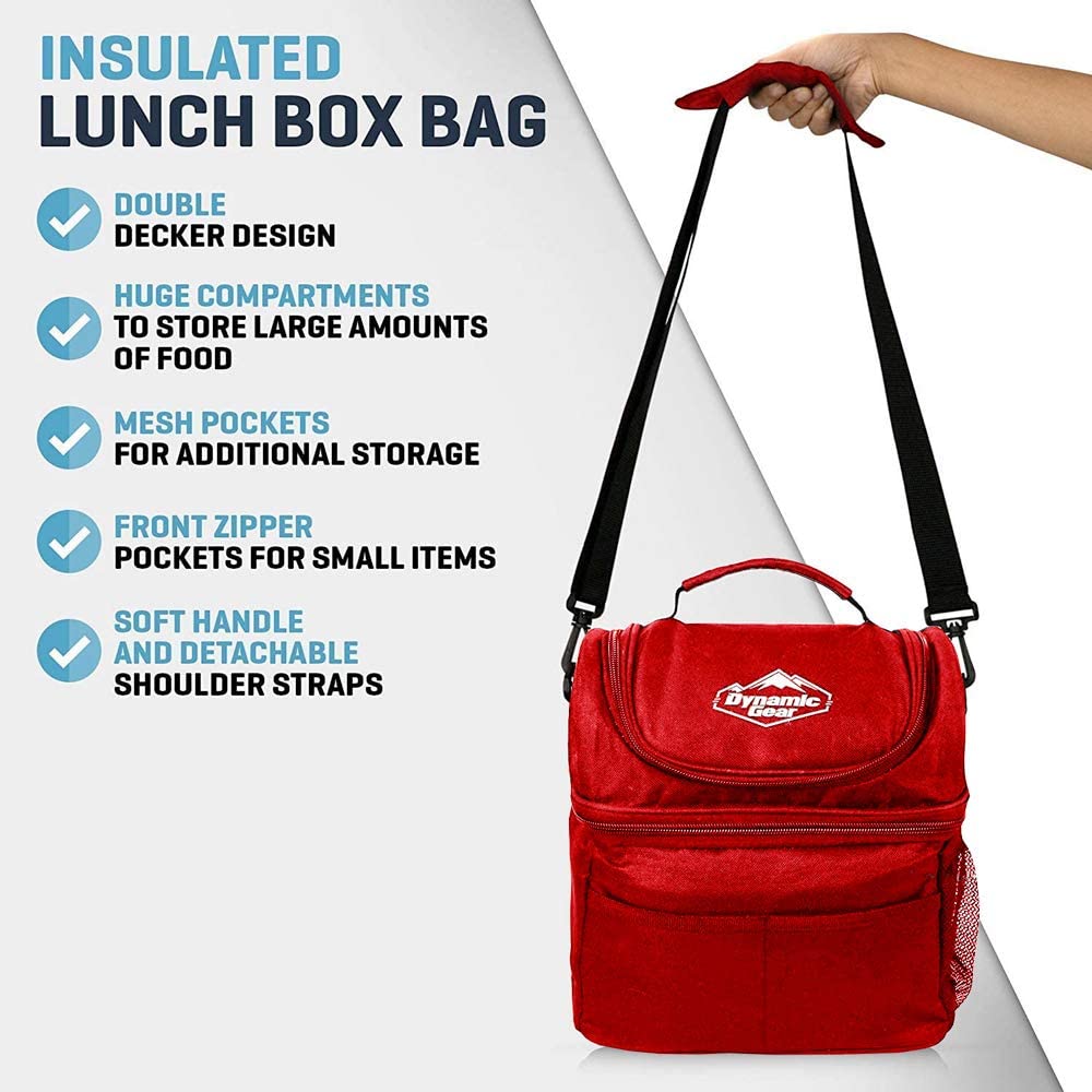 Dynamic Gear Refrigerated Lunch Box Tote Bag, Large, Adults/Men/Women, Insulated, Mesh Pockets, for Travel, Work, Picnic, Camping! (Red)