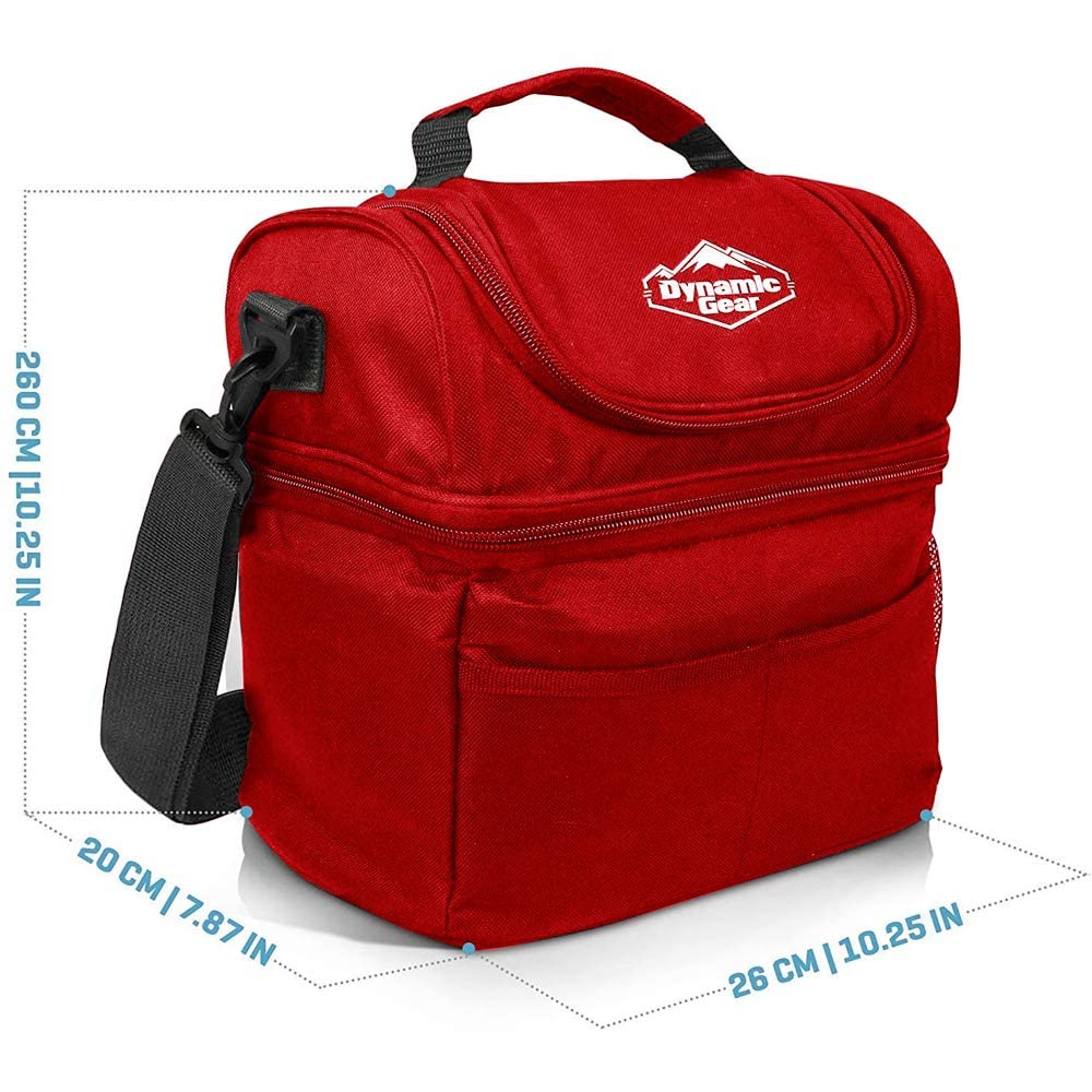 Dynamic Gear Refrigerated Lunch Box Tote Bag, Large, Adults/Men/Women, Insulated, Mesh Pockets, for Travel, Work, Picnic, Camping! (Red)