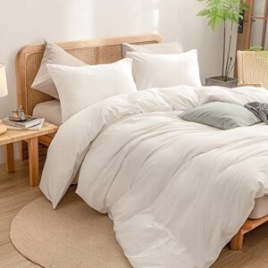 BESTOUCH Duvet Cover Set 100% Washed Cotton Linen Feel Super Soft Comfortable Chic Lightweight 3 PCs Home Bedding Set Solid Off White Queen