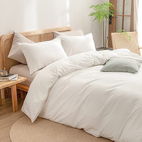 BESTOUCH Duvet Cover Set 100% Washed Cotton Linen Feel Super Soft Comfortable Chic Lightweight 3 PCs Home Bedding Set Solid Off White Queen