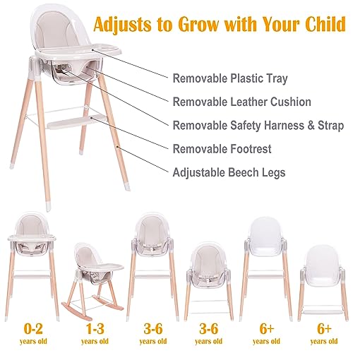 Baby High Chair with Double Removable Tray for Baby/Infants/Toddlers, 4-in-1 Wooden High Chair/Booster/Chair | Grows with Your Child | Adjustable Legs | Modern Design | Easy to Assemble