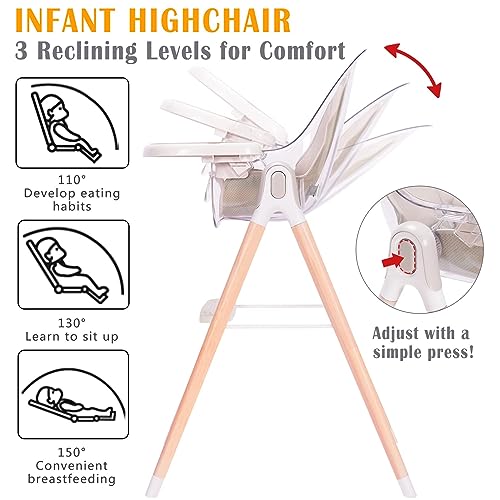 Baby High Chair with Double Removable Tray for Baby/Infants/Toddlers, 4-in-1 Wooden High Chair/Booster/Chair | Grows with Your Child | Adjustable Legs | Modern Design | Easy to Assemble