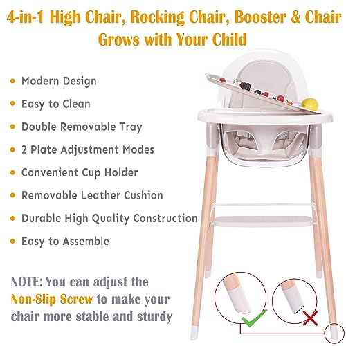 Baby High Chair with Double Removable Tray for Baby/Infants/Toddlers, 4-in-1 Wooden High Chair/Booster/Chair | Grows with Your Child | Adjustable Legs | Modern Design | Easy to Assemble