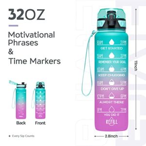 Elvira 32oz Motivational Fitness Sports Water Bottle with Time Marker & Removable Strainer,Fast Flow,Flip Top Leakproof Durable BPA Free Non-Toxic-Green/Purple Gradient