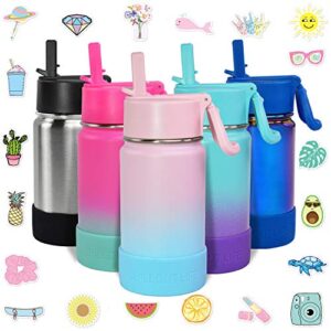 chillout life 12 oz kids insulated water bottle for school with straw lid leakproof and cute waterproof stickers, personalized stainless steel thermos flask metal water bottle for girls & boys