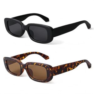 butaby rectangle sunglasses for women retro driving glasses 90’s vintage fashion narrow square frame uv400 protection black & leopard