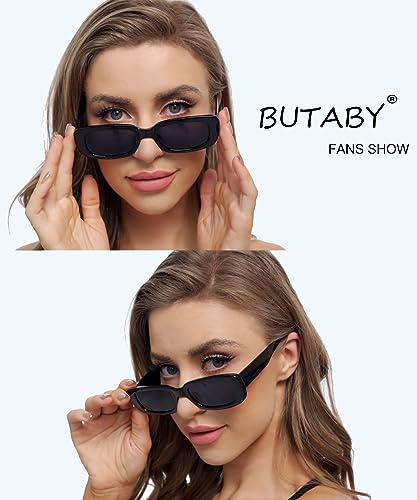 BUTABY Rectangle Sunglasses for Women Retro Driving Glasses 90’s Vintage Fashion Narrow Square Frame UV400 Protection Black & Leopard