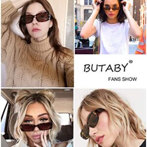 BUTABY Rectangle Sunglasses for Women Retro Driving Glasses 90’s Vintage Fashion Narrow Square Frame UV400 Protection Black & Leopard