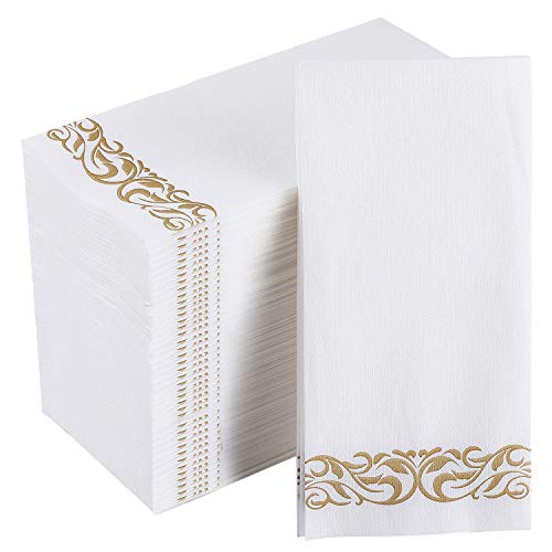 FOCUSLINE Disposable Linen-Feel Guest Towels [Pack of 100, 12" x 17"], Cloth-Like Paper Hand Towels Soft and Absorbent Bathroom Napkins, Party Napkins for Weddings, Dinners, or Events, Gold