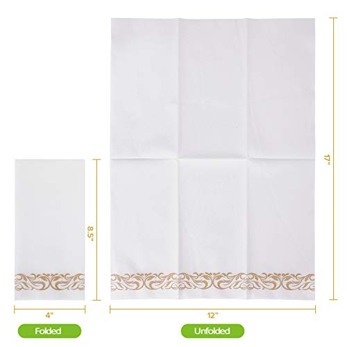 FOCUSLINE Disposable Linen-Feel Guest Towels [Pack of 100, 12" x 17"], Cloth-Like Paper Hand Towels Soft and Absorbent Bathroom Napkins, Party Napkins for Weddings, Dinners, or Events, Gold