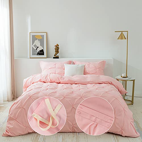 3 Pieces Bedding Duvet Cover Set, Pinch Pleated Queen Duvet Cover, Pintuck Comforter Quilt Cover with 2 Pillow Shams-Queen-90 X 90 inches-Pink