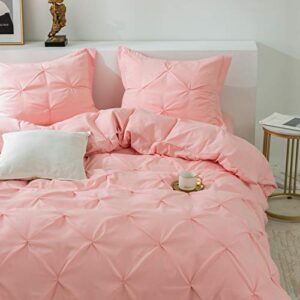 3 Pieces Bedding Duvet Cover Set, Pinch Pleated Queen Duvet Cover, Pintuck Comforter Quilt Cover with 2 Pillow Shams-Queen-90 X 90 inches-Pink