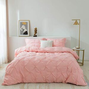 3 Pieces Bedding Duvet Cover Set, Pinch Pleated Queen Duvet Cover, Pintuck Comforter Quilt Cover with 2 Pillow Shams-Queen-90 X 90 inches-Pink