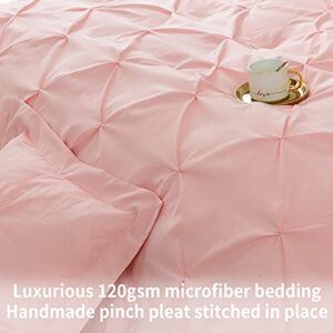 3 Pieces Bedding Duvet Cover Set, Pinch Pleated Queen Duvet Cover, Pintuck Comforter Quilt Cover with 2 Pillow Shams-Queen-90 X 90 inches-Pink