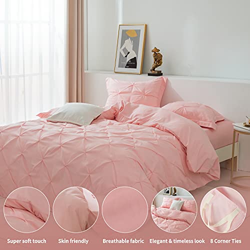 3 Pieces Bedding Duvet Cover Set, Pinch Pleated Queen Duvet Cover, Pintuck Comforter Quilt Cover with 2 Pillow Shams-Queen-90 X 90 inches-Pink