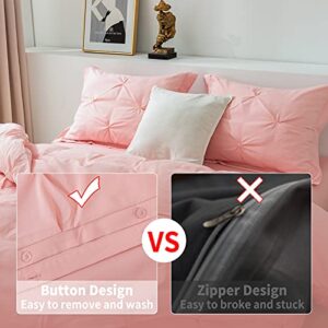 3 Pieces Bedding Duvet Cover Set, Pinch Pleated Queen Duvet Cover, Pintuck Comforter Quilt Cover with 2 Pillow Shams-Queen-90 X 90 inches-Pink