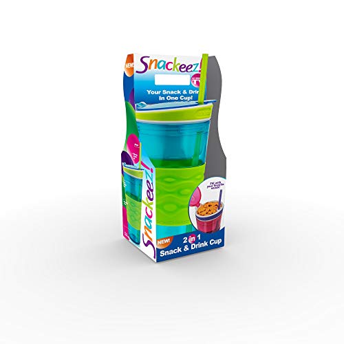 Snackeez Travel Snack & Drink Cup with Straw, Blue,16 oz