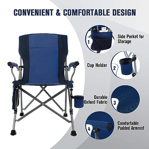 Homcosan Portable Camping Chair Folding Quad Outdoor Large Heavy Duty Support 330 lbs Thicken 600D Oxford with Padded Armrests, Storage Bag, Beverage Holder, Carry Bag for Outside(Blue)